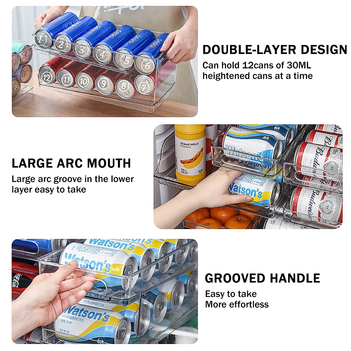 Automatic Rolling Can Dispenser, 2-Tier Soda Can Storage Organizer for Refrigerator, Drink Can Organizer for Fridge, Refrigerated Drawer with Handle for Freezer Kitchen Pantry (Plastic)