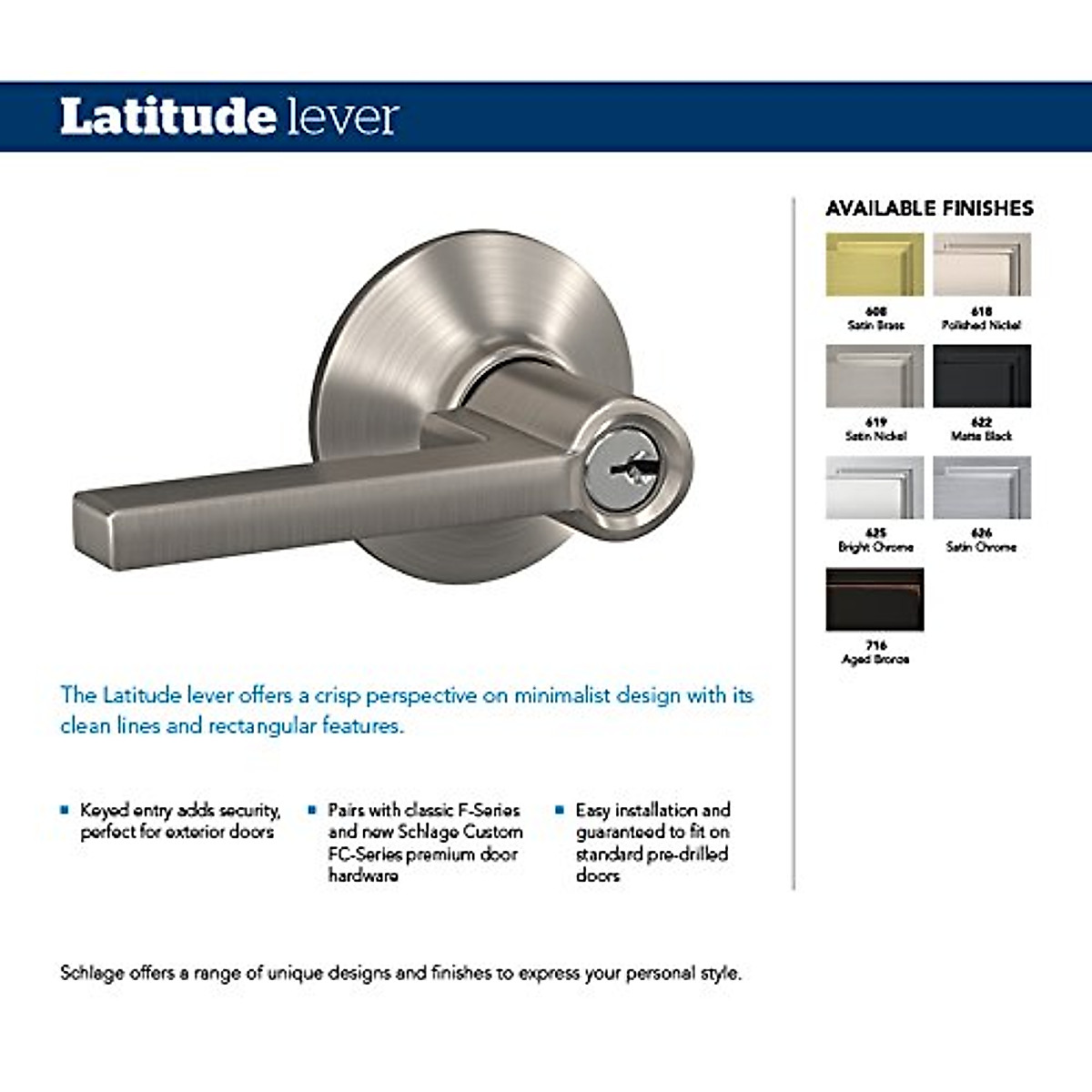 SCHLAGE F51A LAT 622 ULD Latitude Lever with Upland Trim Keyed Entry Lock, Matte Black