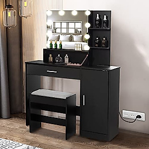 USIKEY Vanity Table Set with Lighted Mirror & Charging Station, Makeup Vanity Table with 1 Drawer, 1 Storage Cabinet, 10 LED Lights, Dressing Tables Vanity Desk with Cushioned Stool for Bedroom, Black