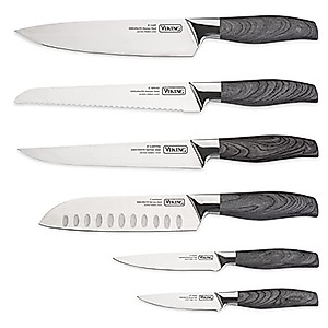 Viking Culinary German Steel Hollow Handle Cutlery Set, 6 Piece, Includes Protective Plastic Sleeve, All Essential Knife Types, Dishwasher Safe, Ash Wood Pattern Handles