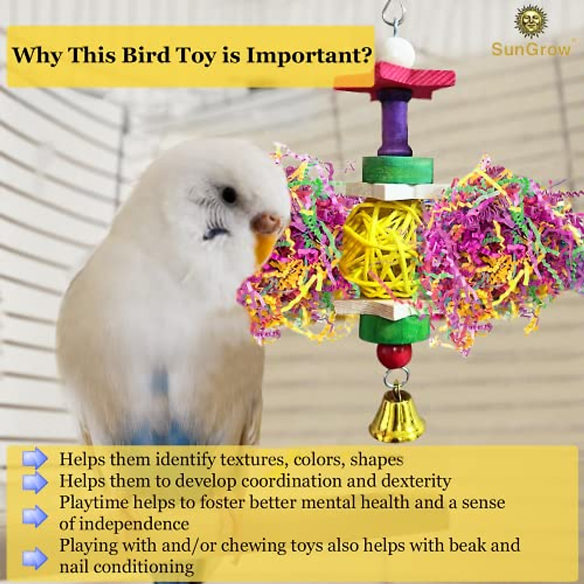 SunGrow Parakeet Toy, Brightly Colored Hanging Toy Made of Rattan, Wood and Shredded Paper, for Small and Medium Parrots, Cockatiels, Lovebirds and Finches (1 Piece)