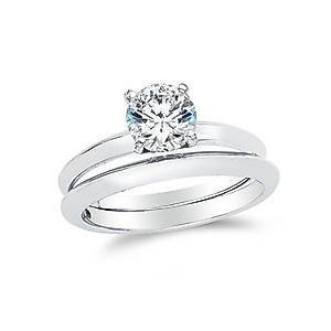 Size - 5.5 - Solid 14k White Gold Round Cut Plain Traditional Knife Edge Bridal Engagement Ring & Wedding Band CZ Cubic Zirconia 1.0ct.