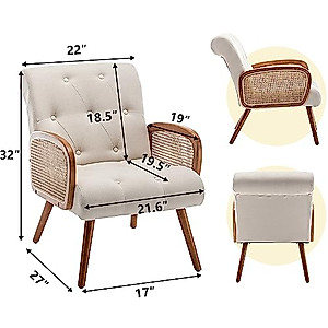 POINTANT Rattan Accent Chair Modern Chair with Rattan Arms Reading Side Mid Century Chair Living Room Chair Boho Chair with Wooden Frame for Home Bedroom Beige