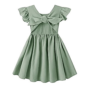 LYXIOF Toddler Baby Girl Cotton Linen Summer Dress Ruffle Sleeve Back Bowknot Kids Beach Dresses Green 90CM