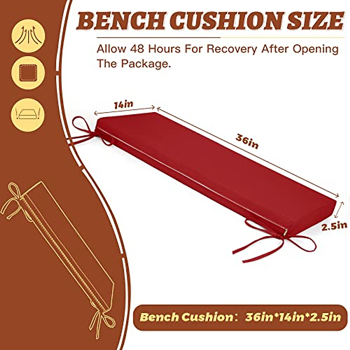 Focuprodu Bench Cushion.36x14 Inch Spill-Resistant Bench Cushion is Suitable for Patio Benches, Patio Sofas, Garden Benches. Comes with 2 Tie Straps for Easy Removal for Cleaning. (36x14x2.5, Red)