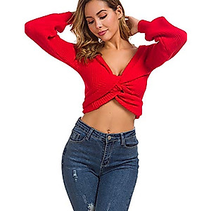 Women Knitted Crop Deep V-Neck Long Sleeve Pullover Cross Wrap Front Loose Sweater