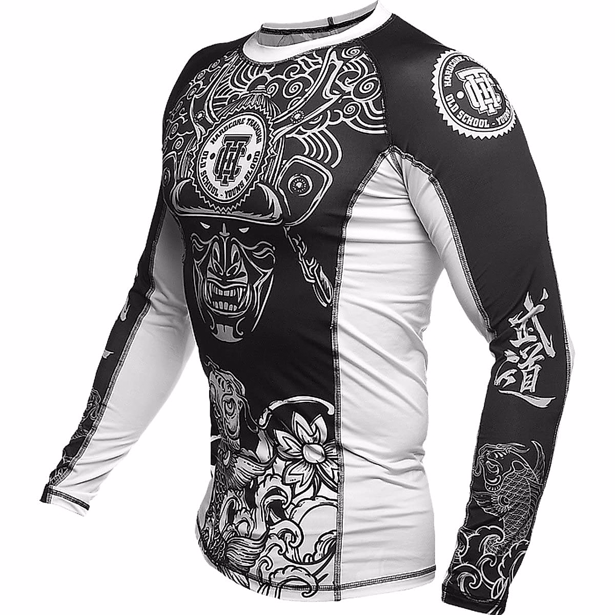 Hardcore Training Koi White Men's Rash Guard Compression Long Sleeve MMA No-Gi Tight BJJ Grappling Base Layer
