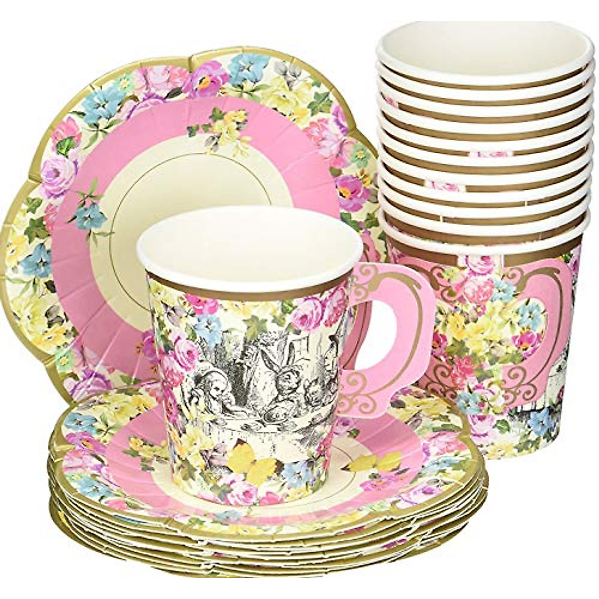 Talking Tables Truly Alice Alice in Wonderland Mad Hatter Party Cup Set with Handle and Saucers in 3 Designs for a Tea Party or Birthday