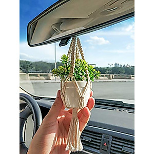 Mkono Mini Macrame Plant Car Accessories Rear View Mirrior Charm Cute Hanging Rearview Car Decor Boho Hanger with Artificial Succulent Plants Gifts for Plant Lover Set of 2, White
