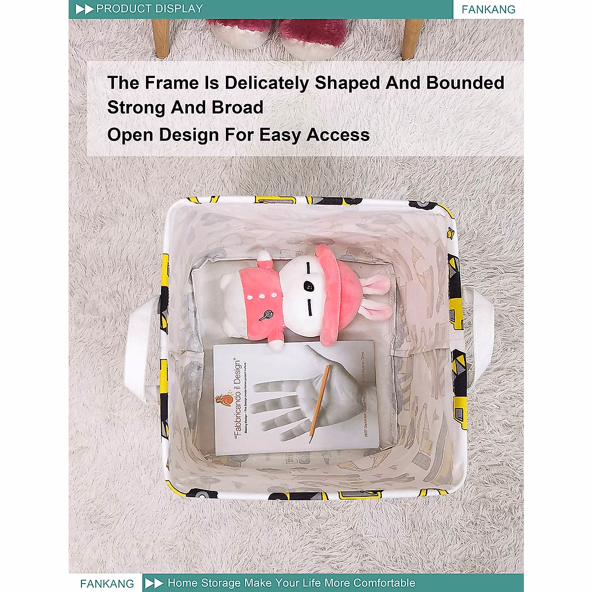 FANKANG Square Nursery Hamper Storage Bins Canvas Laundry Basket Foldable with Waterproof PE Coating Large Storage Baskets Gift Baskets for Children, Office, Bedroom, Clothes,Toys (square engineering)