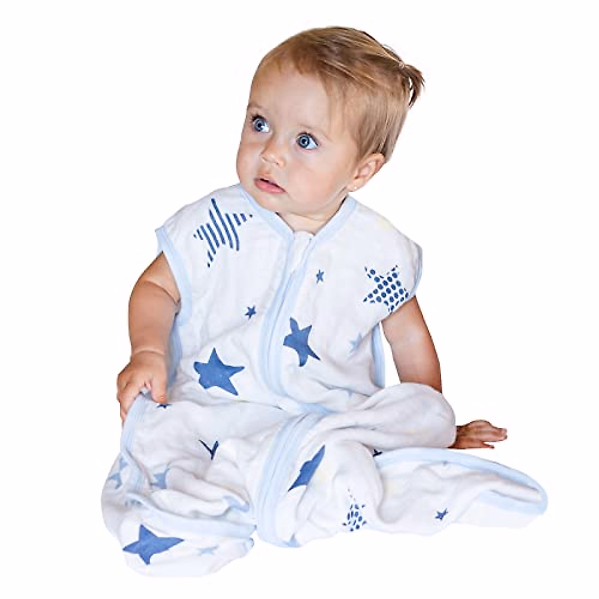 molis & co Toddler Sleeping Sack 2T, Breathable Muslin Baby Sleeping Bag 18-36 Months, 0.5 TOG Lightweight Unisex Toddler Wearable Blanket, Blue and Beige