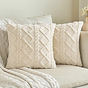 MIULEE Pack of 2 Decorative Faux Wool Throw Pillow Covers Soft Plush Fuzzy Short Fleece Square Patterned Cushion Cases Solid Pillowcases Couch for Bed Sofa Living Room 18 X 18 Inch Beige