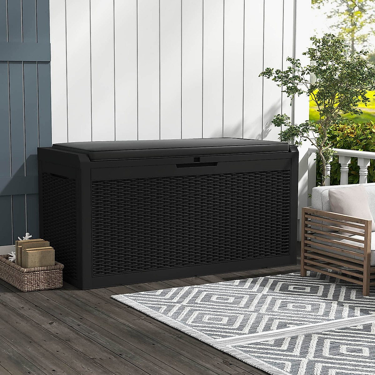 Patiowell 100 Gallon Resin Deck Box with Soft Cushion, Waterproof Large Storage Box for Patio Furniture, Pool Accessories, Toys, Garden Tools and Sports Equipment, Lockable, Black