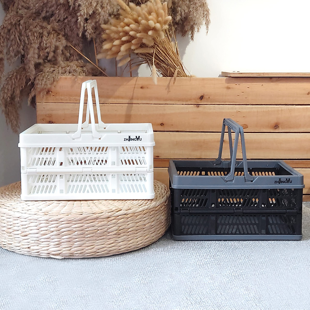 ZHJINGYU crates for storage,plastic baskets for organizing,collapsible shopping basket,foldable crate with Handles,collapsible storage crate,car basket,for Kitchen,Bathroom,Medicine (White, S)