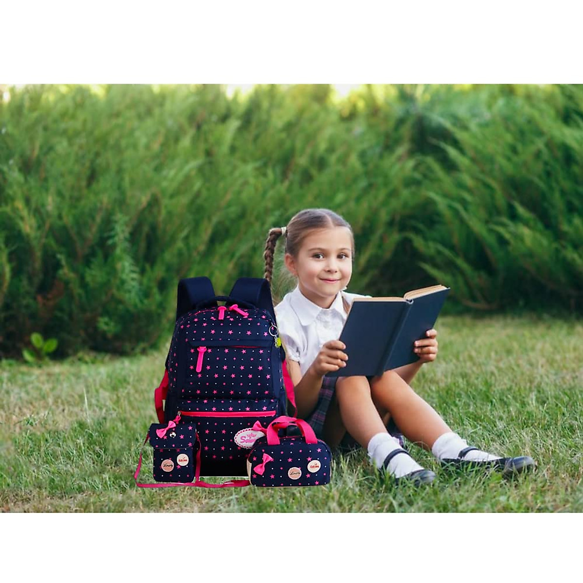Stars-Print and Bowknot Backpack Set Large Elementary Bookbag 3Pcs Set School bags for Teen Girls