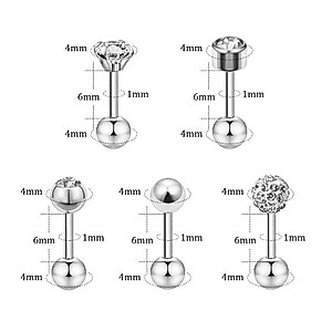5 Pairs Ball Stud Earrings Stainless Steel 18G Barbell Gartilage Earrings Helix Earrings 4mm CZ Ear Piercing Set (Silver)