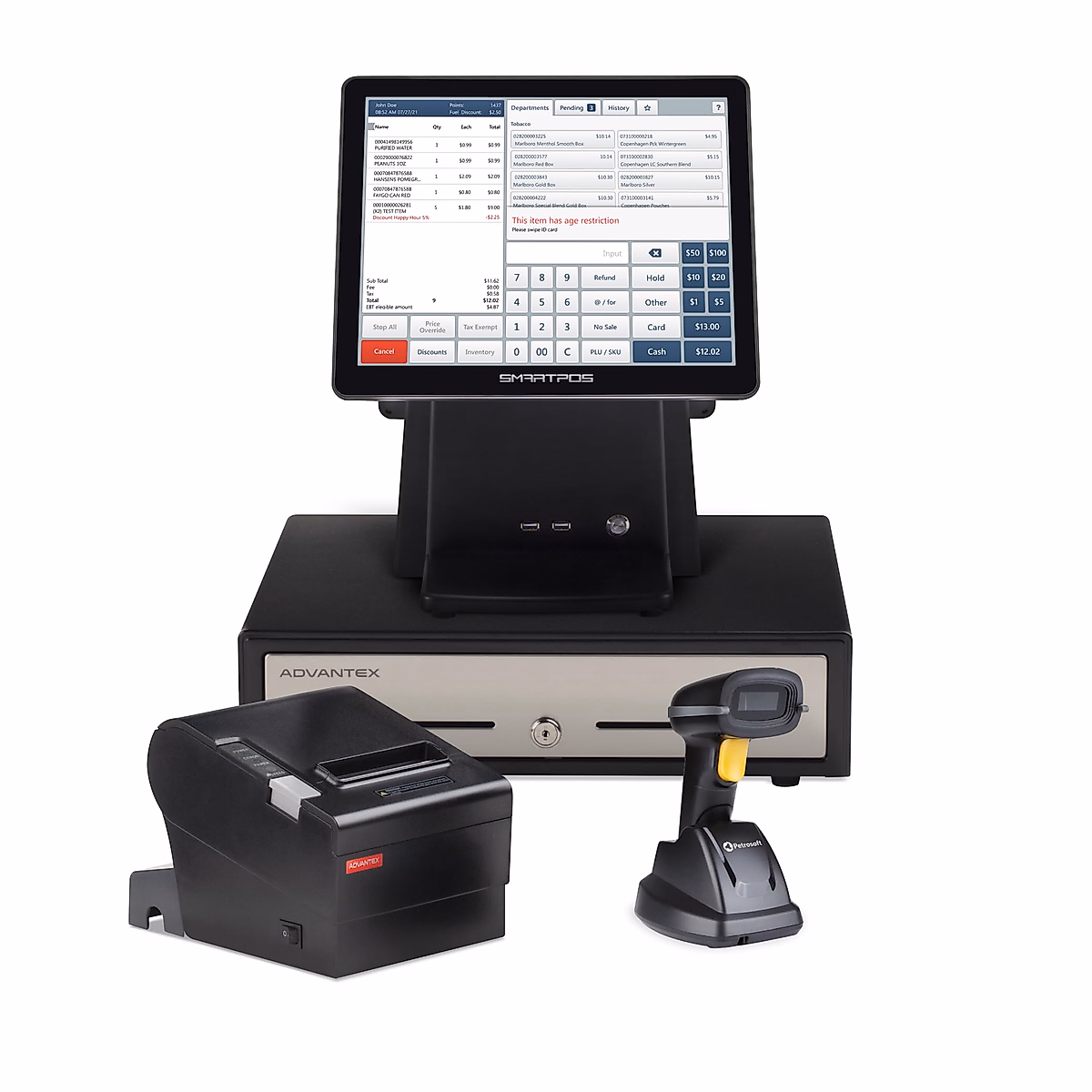 All-in-One SmartPOS-129 Professional Cash Register for Small Business, POS Bundle Includes: Cashier Touch Screen Monitor, Customer-Facing Display, Cash Drawer, Scanner, Printer