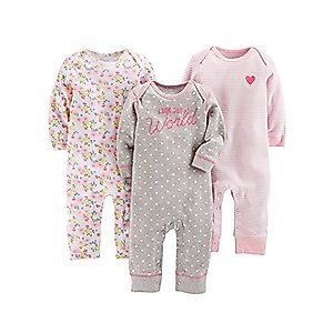 Simple Joys by Carter's Baby Girls' Jumpsuits, Pack of 3, Grey Hearts/Pink Floral/White Stripe, 12 Months
