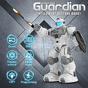 STEMTRON Robot Toys for Kids, Programmable Remote Control Robot with Intelligent Gesture Sensing, Recharge, Singing & Dancing Mode, Launcher (White)