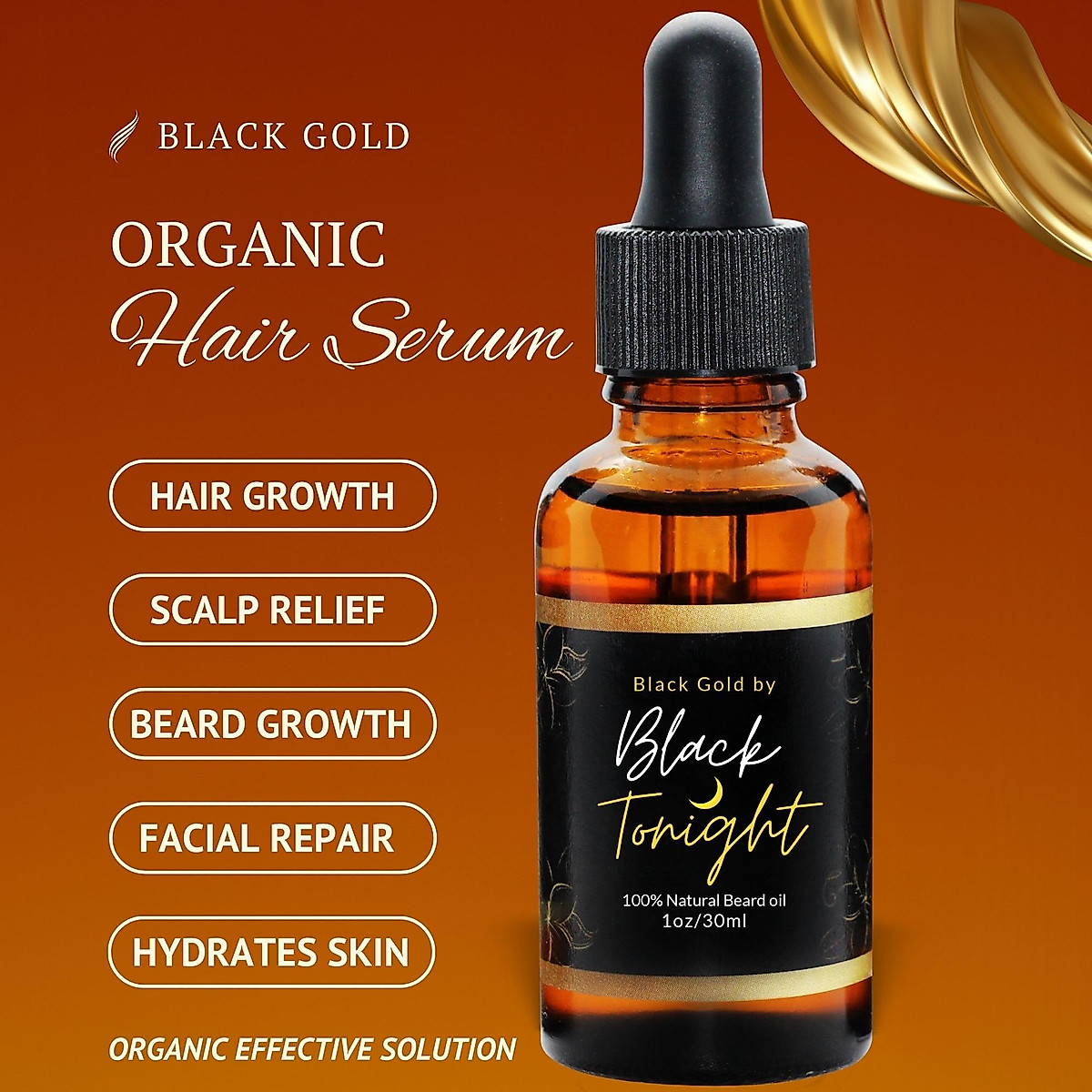 Black Tonight Premium Beard Oil – Organic Beard Growth Serum with Orange Citrus Scent – Luxury Beard & Hair Growth Serum that Softens, Conditions, Strengthens & Protects - 1oz