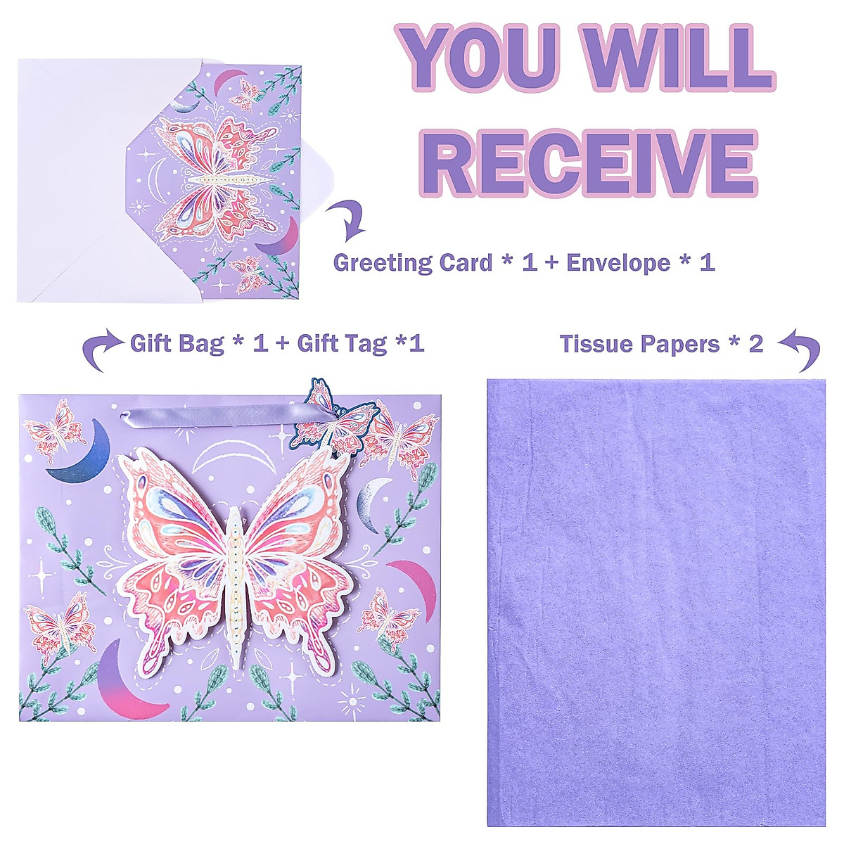 WRAPAHOLIC 13" Large Gift Bag with Card and Tissue Paper - Purple Butterfly Design for Birthday, Mother's day, Baby Shower, Party