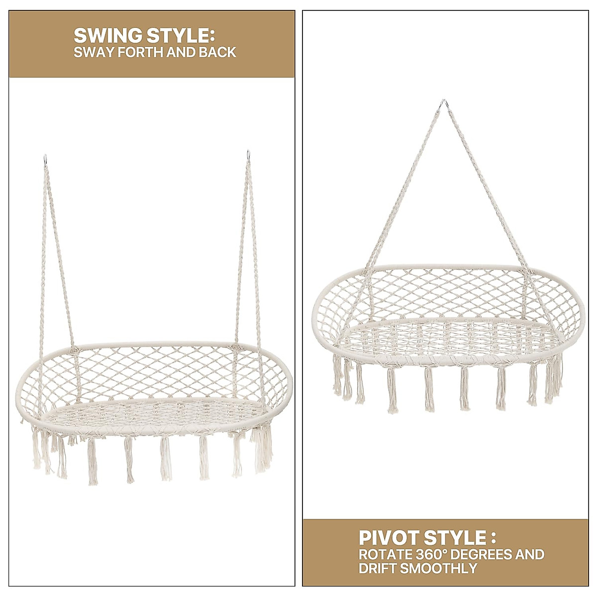 MoNiBloom Double Swing Chair with 3 Cushions for Outside, Large Hanging Macrame Swing Chair for Indoor/Outdoor Relax, Adult Hammock Boho Chair Max 700 lbs Capacity for Porch Balcony Backyard, Beige