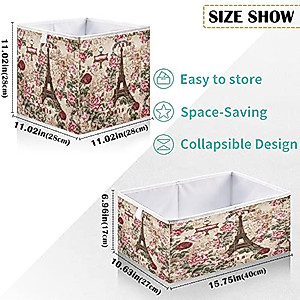 visesunny Closet Baskets Vintage Design Paris Eiffel-tower Rose Storage Bins Fabric Baskets for Organizing Shelves Foldable Storage Cube Bins for Clothes, Toys, Baby Toiletry, Office Supply