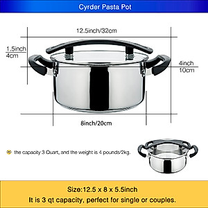 Cyrder Stainless Steel Pasta Pot- Induction Pasta Pot with Strainer, Easy Stain &Perfect for Single and Couple, Dishwasher Safe, 3 Quart