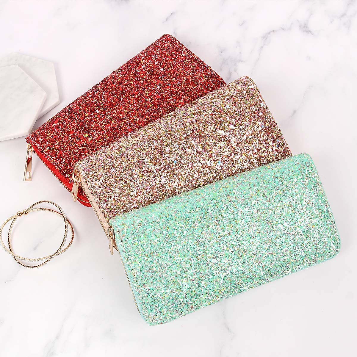 MYS Collection RIAH FASHION Rainbow Glitter Zip Around Wallet - Sparkly Confetti Single Zipper Clutch Purse with Card Slots (Rainbow - Red)