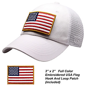 Antourage American Flag Unconstructed Hat for Men and Women Twill Mesh Snapback Baseball USA Flag Cap + 2 Patriotic Patches ((16) White Classic Mesh Snapback)