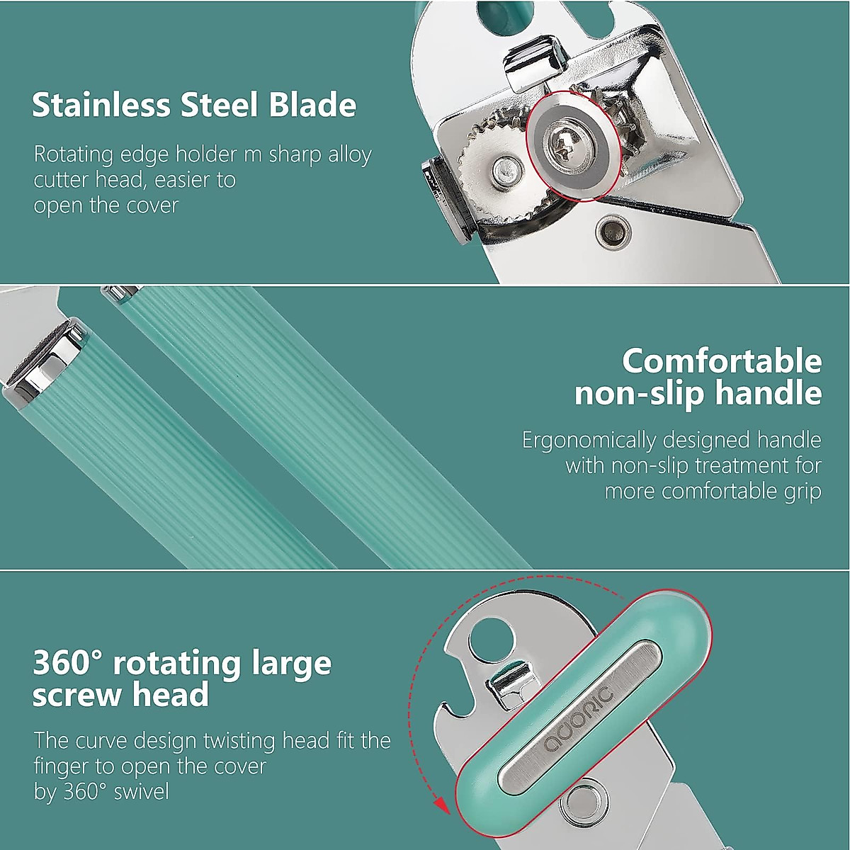 Manual Can Opener, Stainless Steel Can Opener, Food-Safe, Multifunction Tin Lids Jar Bottle Caps Openers with Non-Slip Handle & Large Knobe, Smooth Edge, Ultra Sharp Cutting for Seniors with Arthritis