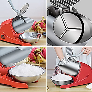 Three Blades Snow Cone Maker Ice Shaver 380W 220lbs/hr Prevent Splash Electric Stainless Steel Shaved Ice Machine Home and Commercial Ice Crushers (red)