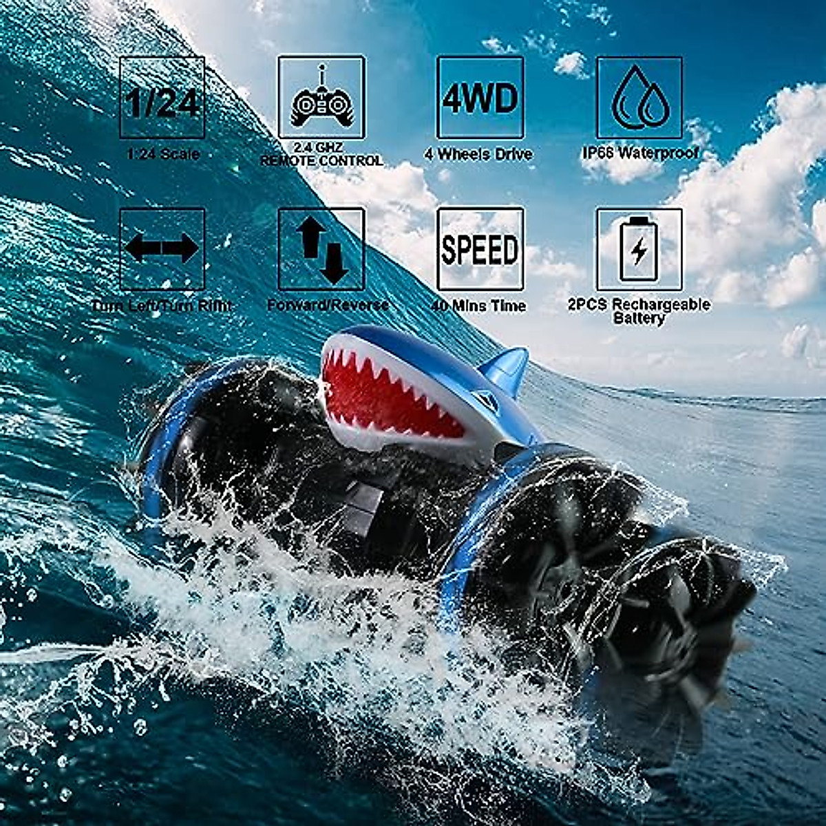 Desdoni Amphibious Remote Control Car 2.4 GHz Waterproof Off Road RC Shark Truck 4WD Stunt Car 360° Rotation All Terrain RC Truck for Adults Boys Girls Kids Gift 2Pcs Rechargeable Batteries