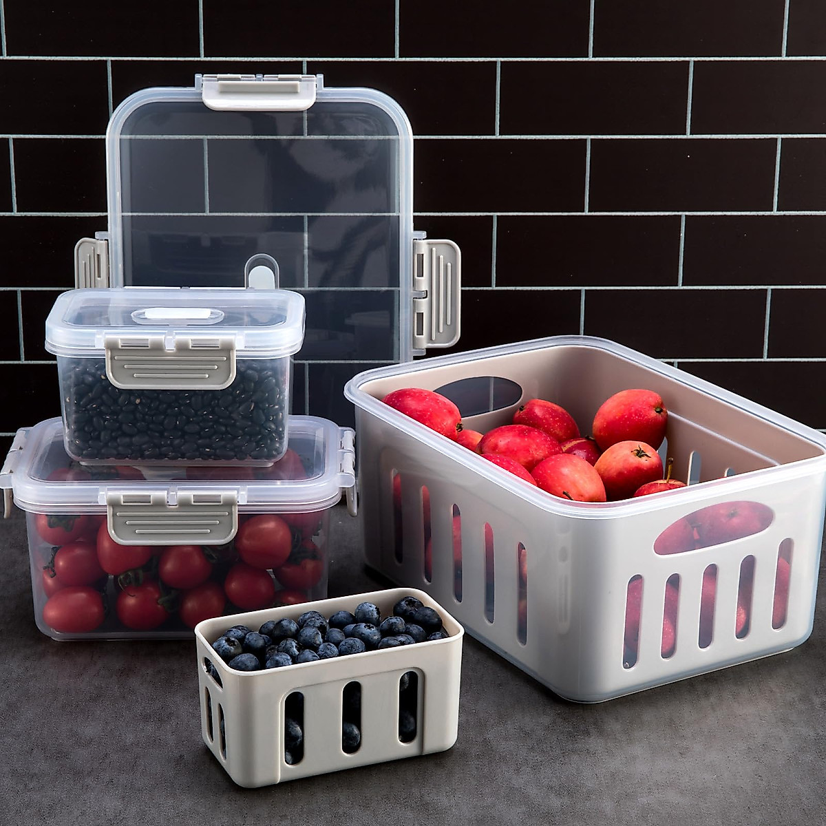 CINPIUK Fresh Contanier 5 Pack Food Containers Fruit Vegetable Produce Storage Saver Containers with Lid & Colander Kitchen Refrigerator Organizers Bins for Salad Berry Meat