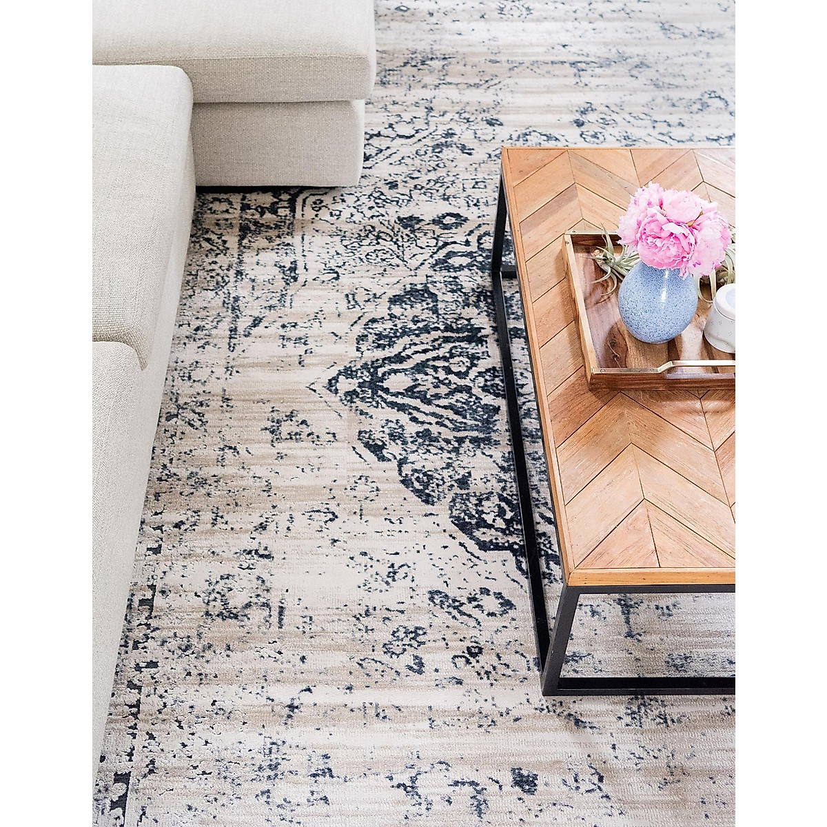 Unique Loom Chateau Collection High-Low Pile, Vintage, Traditional, Distressed, Medallion Area Rug (5' 0 x 8' 0 Rectangular, Beige/Navy Blue)