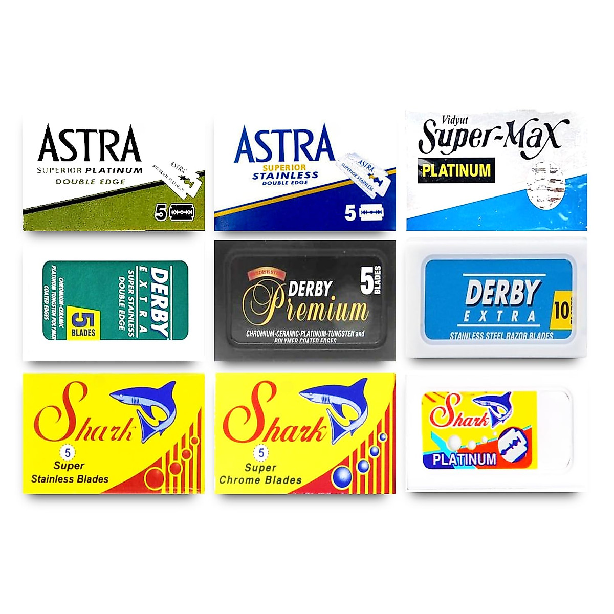 Astra-Derby-Shark-Permasharp 50 Quality Double Edge Razor Blades Sampler (9 different brands)