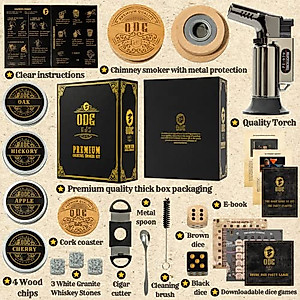 OdeGjs Premium Cocktail Smoker Kit - Includes 4 Wood Chips for Bourbon and Whiskey plus Drink Smoker Accessories Unique Gifts for Men and Women on all Occasions Including Torch No Butane