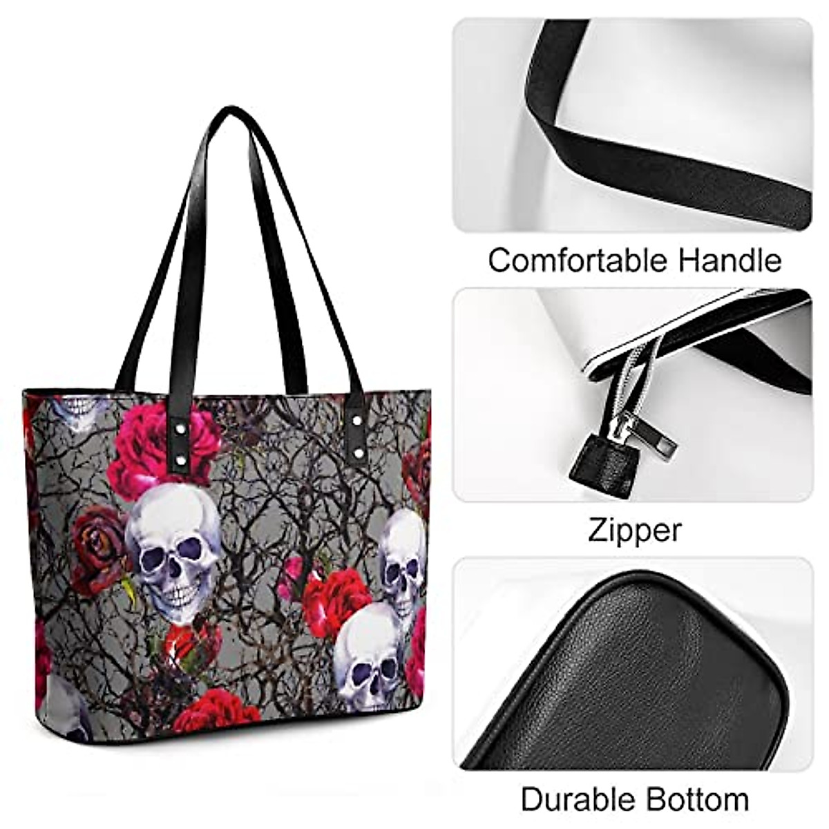 Womens Handbag Skulls Rose Flowers Leather Tote Bag Top Handle Satchel Bags For Lady