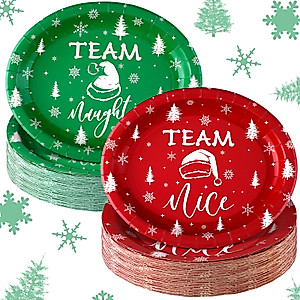 100 Pcs Christmas Paper Plates Christmas Party Decorations Team Naughty or Nice Disposable Oval Plates 10'' x 12'' Dinner Plates Christmas Gifts Bulk Disposable Plates Set for Christmas Holiday Party