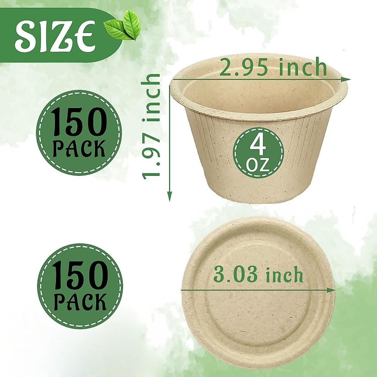 FUYCIEUM 150 Pieces Bagasse Fiber Souffle Cups with Lids, 4 Oz Biodegradable Sample Cups, Compostable Portion Cups for Condiment, Dips, Jams, Tomato Sauce, Snack, Honey, Nuts, Butter, Biscuits