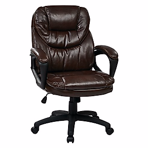 Office Star FL Series Faux Leather Manager's Adjustable Office Chair with Lumbar Support, Tilt Control, and Padded Arms, Chocolate