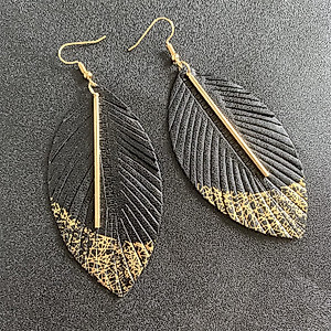 Handmade Bohemian Lightweight Soft Genuine Leather Feather Leaf Dangle Drop Earring Sparkle Real Leather Large Leaf Hook Earrings With Simple Drop Metal Bar for Women Statement Jewelry Gifts (Black Color)