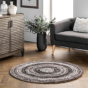 nuLOOM Drey Striped Shag Area Rug - 6 Round Shag Area Rug Casual Gray Multi/Brown Rugs for Living Room Bedroom Dining Room Nursery