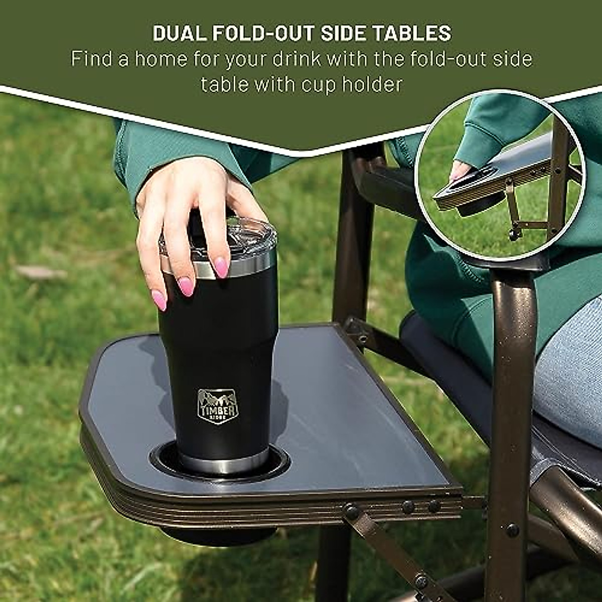 TIMBER RIDGE Oversized Double Folding Camping Side Tables 2 Person Lawn Chair, Heavy Duty Support 600 LBS for Outdoor, Grey