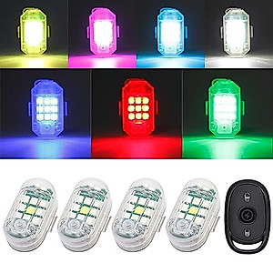 QVEVDACAR 4Pcs LED Anti-Collision Lights With Remote, 7 Colors USB Rechargeable Flashing Lights Wireless Led Strobe Lights for Cars Drone Aircraft Motorcycle Bike Emergency Warning Signal Lights