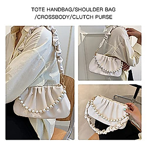 Clutch Purse Evening Shoulder Pleated Bag for Women Fashionable Tote Crossbody Handbags with Beaded Design Strap (White)