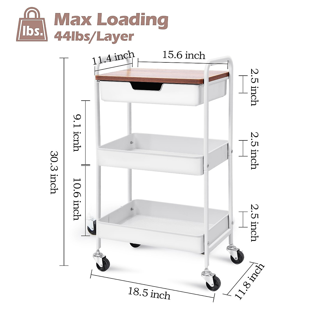 TOOLF 3-Tier Utility Rolling Cart with Wooden Board and Drawer, Metal Storage Cart with Handle, White Trolley Kitchen Organizer Rolling Desk with Locking Wheels for Office, Classroom, Home, Bedroom