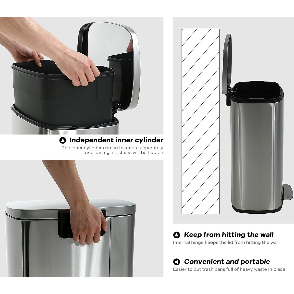 Trash Can, Garbage Can 13 Gallon/ 50L Stainless Steel Metal Bathroom Step Trash Can for Home and Kitchen Waste and Recycling with Lid, Inner Bucket