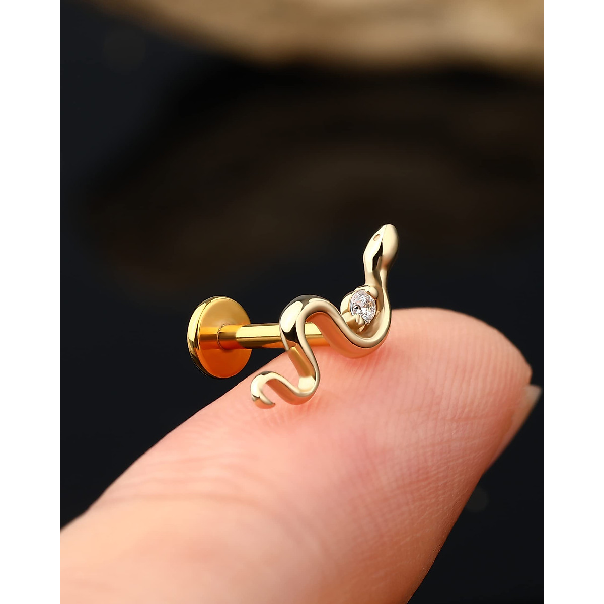 Jewseen 14K Solid Gold Snake Cartilage Earring 16g Flat Back Stud Helix Piercing Jewelry Tragus Earring Conch Stud Titanium Labret Post Lip Ring Nose Stud for Women Men