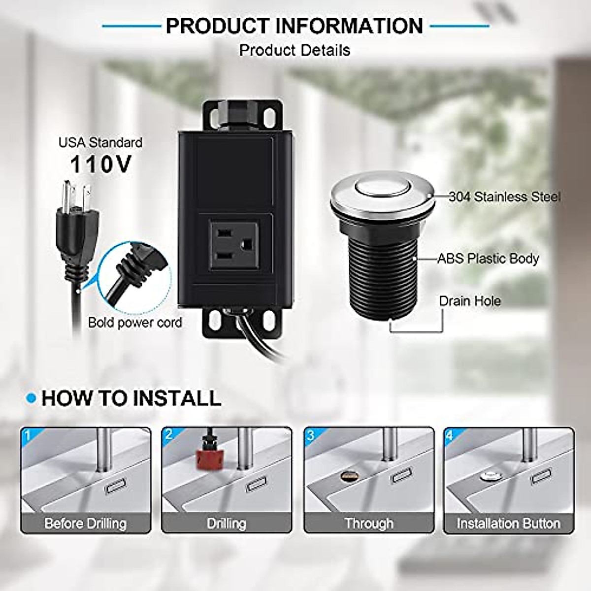 HK Garbage Disposal Air Switch Kit with Power Cord Kit, Sink Top Waste Disposer Stainless Steel On/Off Push 2.5" Button, Aluminum Alloy Power Module, Food Waste Disposals Replacement Parts